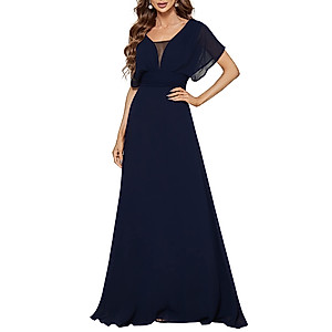 Ever-Pretty Women's Elegant Formal Dress V-Neck Short Sleeve Chiffon Long Mother of The Bride Dresses Navy Blue US12