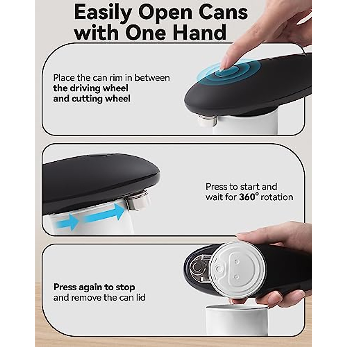Electric Can Opener for Kitchen with Stainless Steel Blade- Portable Battery Powered Can Opener Smooth Edge, Automatic Easy Hands Free One Touch Start for Seniors with Arthritis, Left Handed, Black