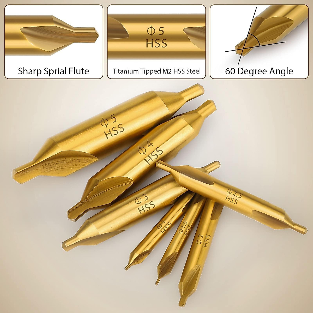SUNJOYCO 7PCS Center Drill Bits Set, High Speed Steel 60-Degree Angle Countersink Tools for Lathe Metalworking Size 1.0 1.5 2.0 2.5 3.0 4.0 5.0, Gold