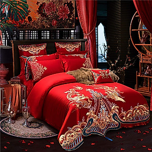 EsyDream Luxury Double Happiness Dragon and Phoenix Bird Embroidery Chinese Wedding Red Bedding Set King Queen Size 100% Cotton Embroider Red Wedding Duvet Bedlinen Sets(Color 1 King,6PC/Set)