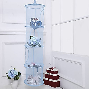 4 Tier Storage Organizer,43 1/2 x12 Inch Hanging Mesh Storage Basket with 2 Inch Screw-in Hooks,Folding Basket for Toys or Store Gloves,Shawls, Hats and Mittens, Attaches Easily to Any Rod (Blue)