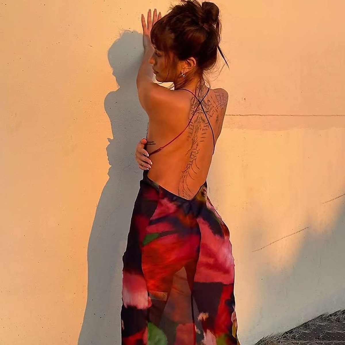 XPONNI Backless Spaghetti Strap Maxi Dresses for Women, Red Satin Tie Dye Bodycon Dress Y2k, Sexy Party Dress with Lace Strap (Medium,Medium)