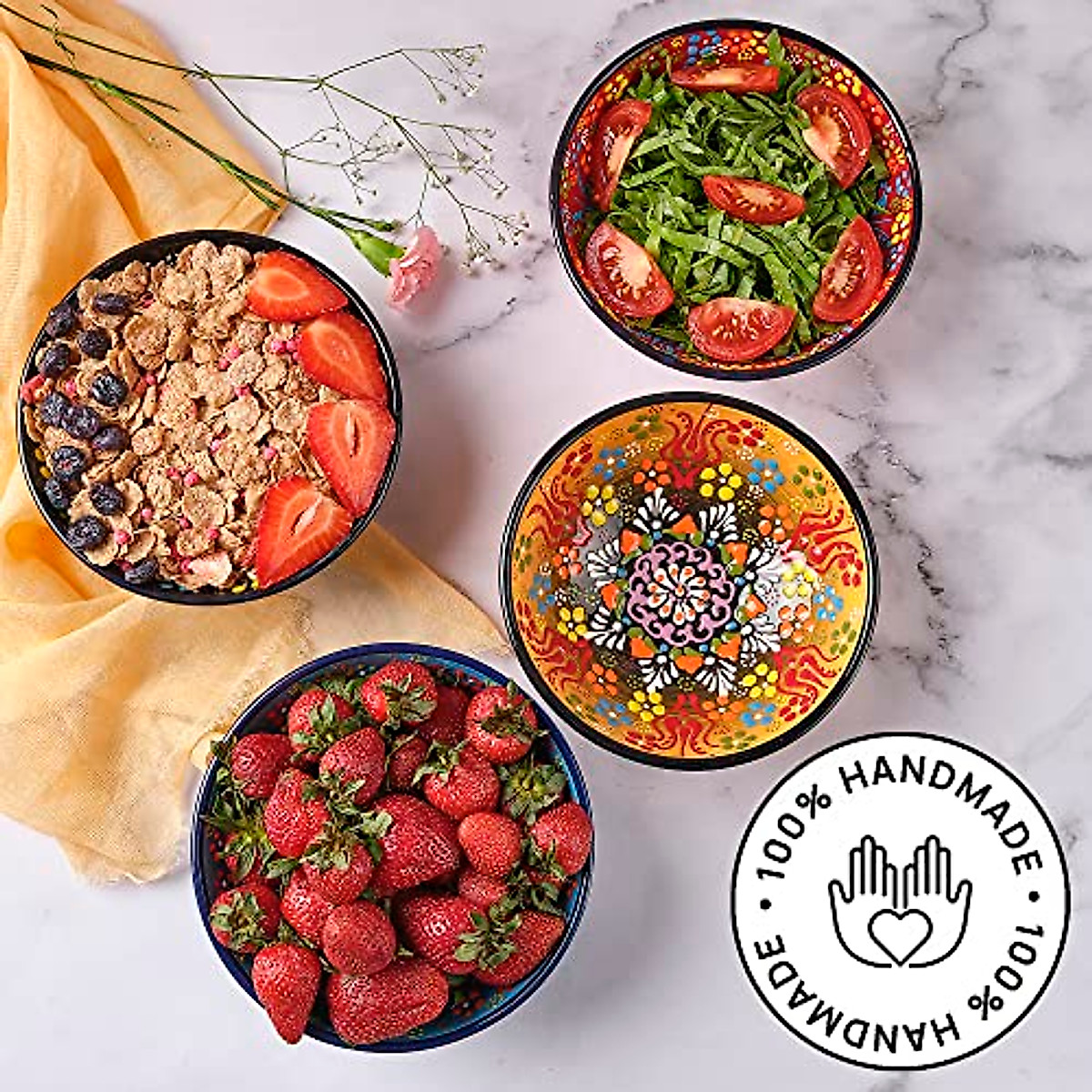 Crystalia Decorative Turkish Ceramic Serving Bowl Set of 6, Handmade Multicolor Dipping Charcuterie Bowls (Large-4PCs)