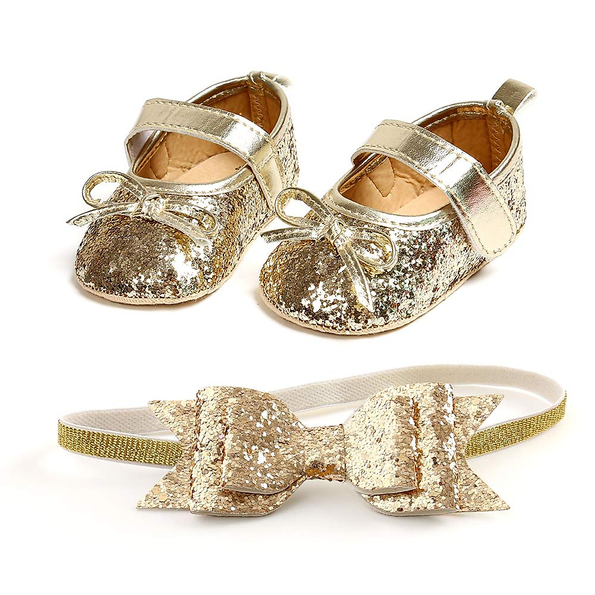 Baby Girls Mary Jane Flats with Bowknot Headband Infant Princess Dress Soft Sole Crib Shoes Non-Slip for Toddler First Walkers