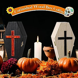 Thyle 4 Pack Unfinished Halloween Coffin Boxes Wood Coffin Shaped Boxes with Hinged Lids for DIY Crafts Wooden Coffin Boxes for Treats Favors Decoration Jewelry Casket Coffin (Black Burlywood,7 Inch)