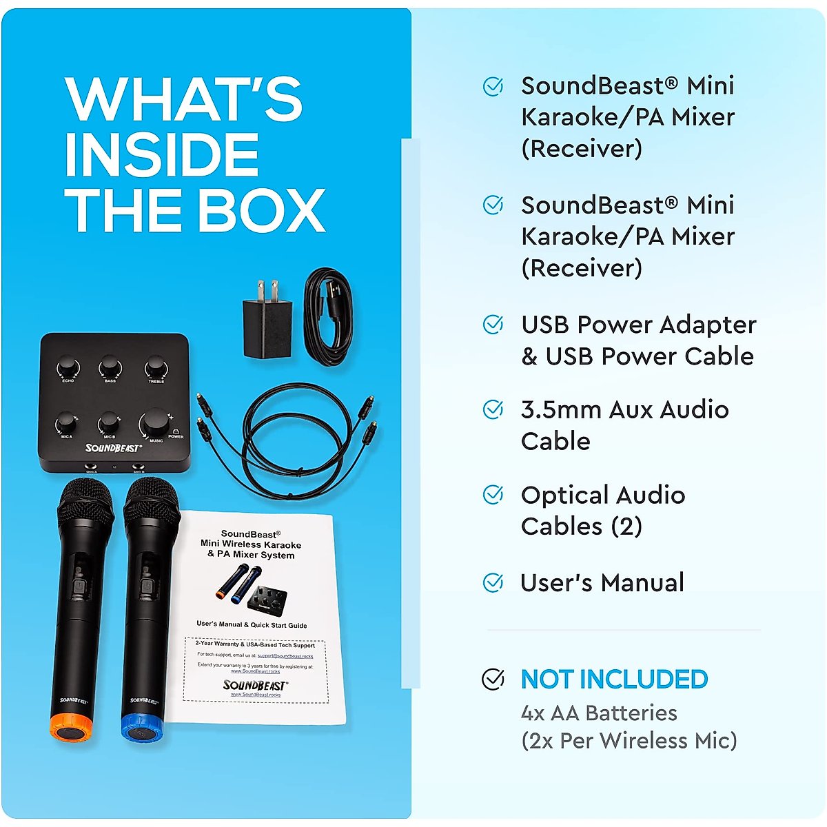 SoundBeast Wireless Karaoke & PA Mixer System - Includes 2 Wireless Microphones & 1 Mini Mixer - Bluetooth, Aux, Optical Input - Optical & Aux Output