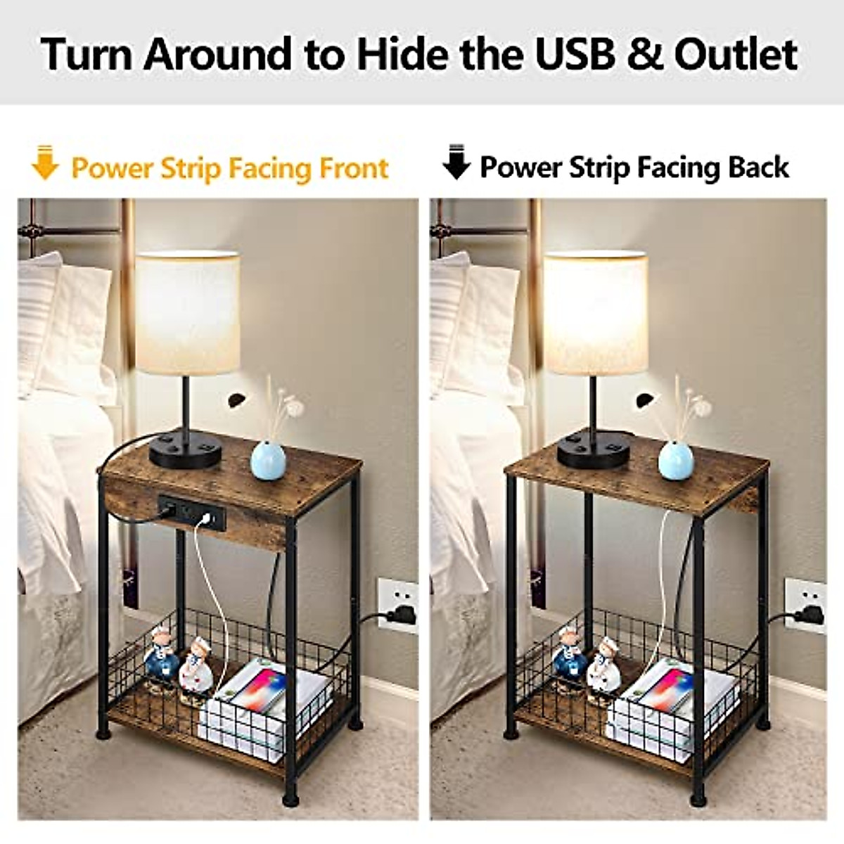 Vrisa Nightstand with Charging Station Bed Side Tables Set of 2 with USB Ports and Outlets Farmhouse Night Stand with Storage Basket Nightstands for Bedroom Living Room Industrial