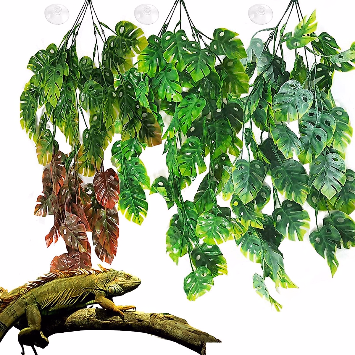 Hamiledyi Fake Plant Reptile Tank Hanging Plants with Suction Cup 3pcs Leaves Vines for Reptile Tank Bearded Dragons,Lizards,Geckos,Snake and Hermit Crab Tank Habitat Decorations 30 Inches Green