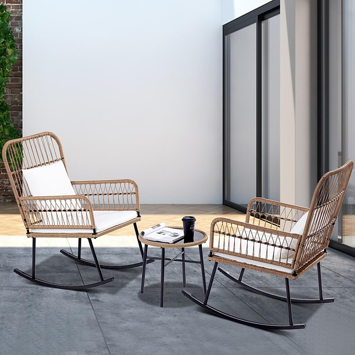 3-Pieces Patio Outdoor Rocking Chairs Set,Beige Wicker Patio Furniture Set Rattan Woven Blacony Furniture Set for Outdoor Indoor with Washable White Cushions and Glass Coffee Table
