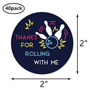 Bowling thanks for rolling stickers, 2 Inch Girl Boy Birthday Party Favor Labels 40-Pack