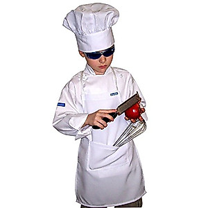 CHEFSKIN Kids Children Set Apron+ Hat M Fits 7-12 White Real Fabric (1)
