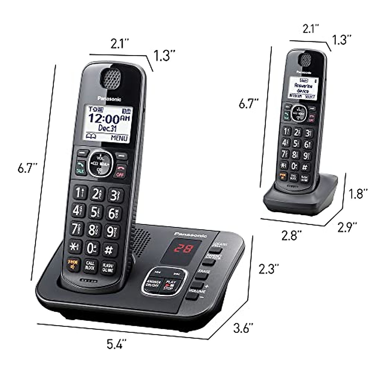 Panasonic DECT 6.0 Expandable Cordless Phone System with Answering Machine and Call Blocking - 3 Handsets - KX-TGE633M (Metallic Black)