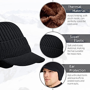 AkiiGer Men's Winter Hat Beanie with Brim, Warm Earflaps Hat for Men, Thick Fleece Lined Knit Beanie Outdoor(Black)