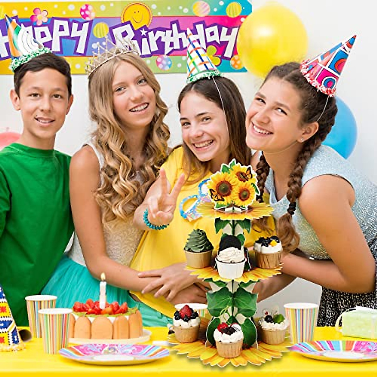 Sunflower Cupcake Stand Sunflower Party Decorations Supplies 3 Tier Summer Yellow Sunflowers Cake Decorations Cupcake Holder Stand for Women Girls Birthday Graduation Baby Shower Party Favor Decor
