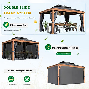 EROMMY 10' x 13' Hardtop Gazebo Outdoor Aluminum Wood Grain Gazebos with Galvanized Steel Roof and Mosquito Net for Patios, Deck,Backyard,Curtains&Netting