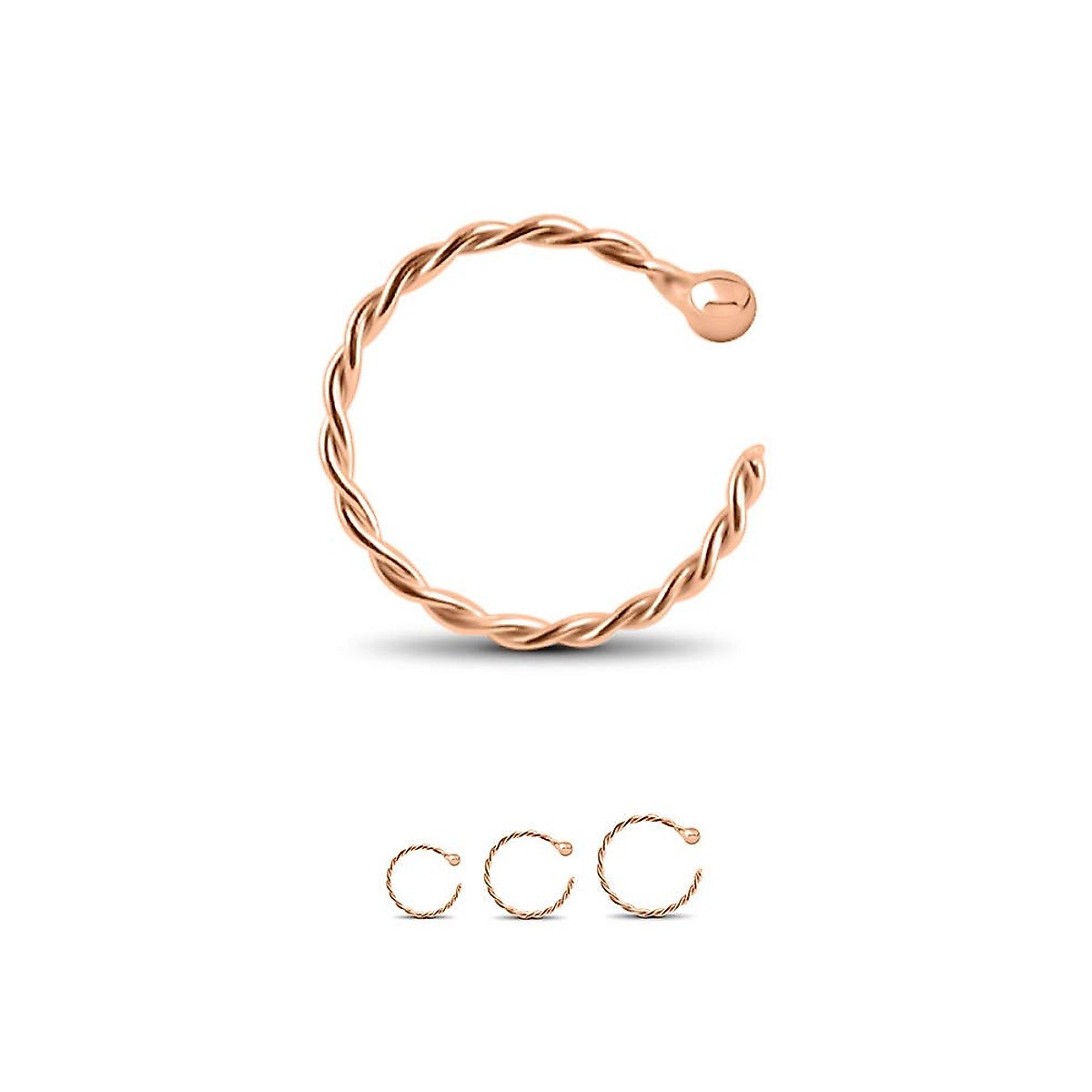 14k Rose Gold Nose Hoops Twisted Open Nose Rings 3/8" - 9.5mm 22G