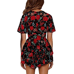 AIMCOO Women's Floral Print Deep V-Neck Romper Double Layer Ruffle Hem Jumpsuits Short Flare Sleeves Waist Tie Short Rompers