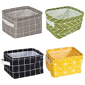 CHXILING Fabric Storage Basket,4 Pcs Foldable Waterproof Small Baskets Mini Square Cotton Linen Organizer Box with Handles for Desktop Storage and Household Organizer