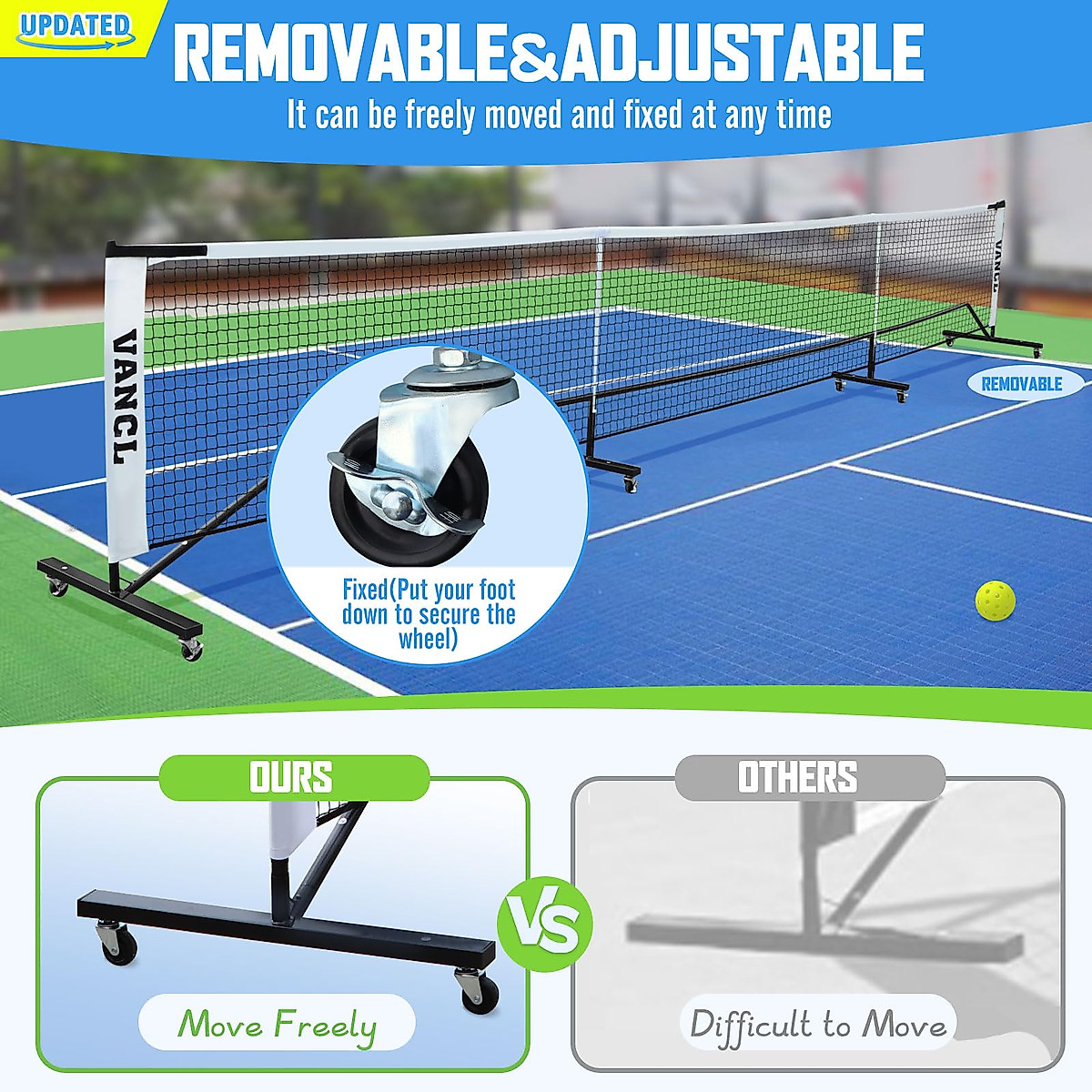 VANCL Badminton Pickleball Net with Wheels Movable, Deluxe Heavy Duty Pickleball Net System 22 Feet Pickleball Net for Driveway, Adjustable Strong Nylon Net Pickleball Net Portable Outdoor