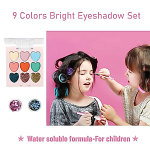 16Pcs Makeup Set for Girls with Suitcase, Eyeshadow Palette, Fruity Flavors Lip Glosses, Brushes, Stickers and Glitters in Realistic Suitcase Toy for Kids Makeup Ages 5+, Non Toxic & Kids Friendly