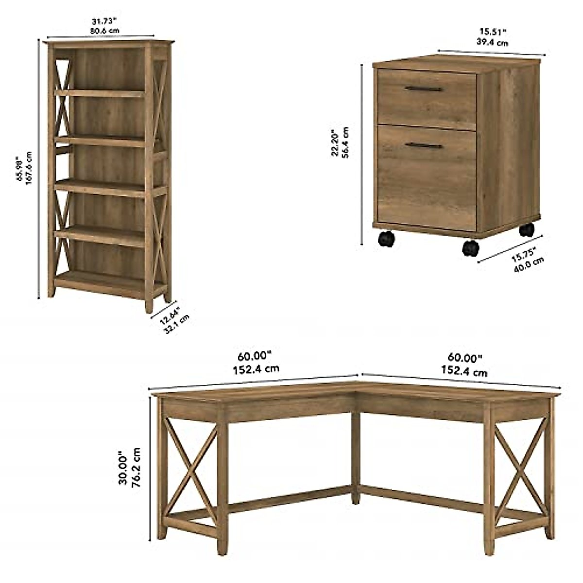 Bush Furniture Key West L Shaped Desk with 2 Drawer Mobile File Cabinet and 5 Shelf Bookcase, 60W, Reclaimed Pine