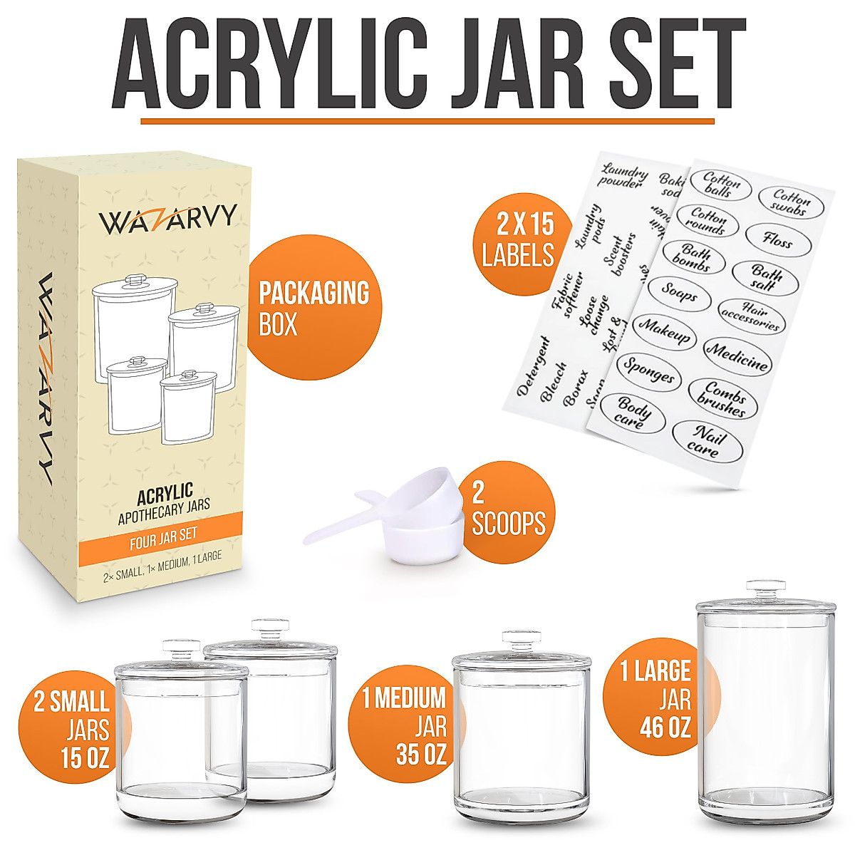 Premium Clear Acrylic Apothecary Jars with Lids for Bathroom & Laundry Room - Multipurpose Bathroom Canisters with Scoops & Labels - Laundry Containers for Pods & Dryer Sheets - Assorted 4 Pack