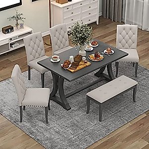 Morhome 6-Piece Dining Set with Bench, Kitchen Funiture with 4 Upholstered Chairs for Home Restaurant