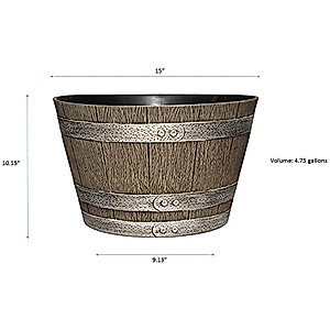 Classic Home and Garden Whiskey Plastic Resin Home Flower Pot Barrel Planter, Oak Brown, 15"