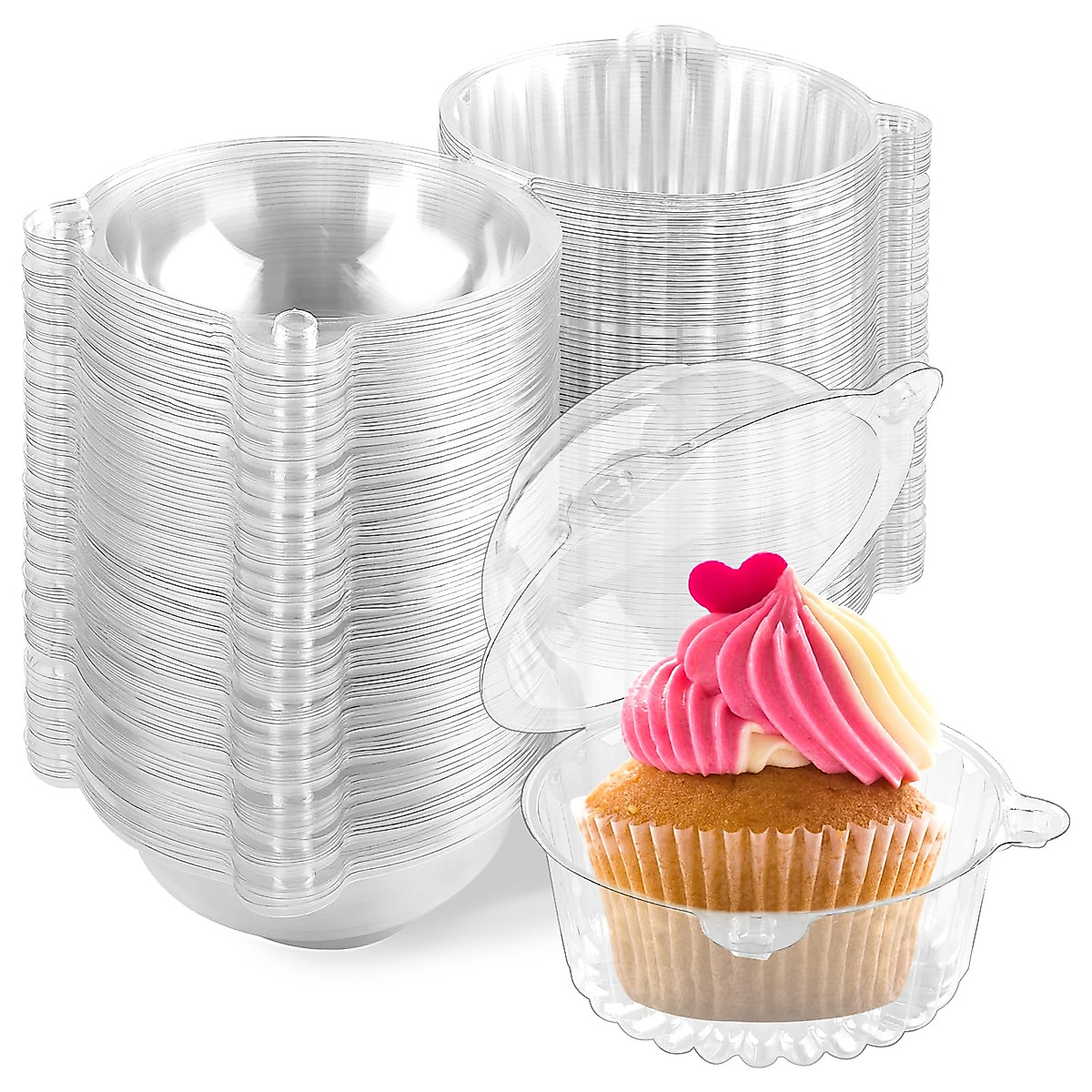 Zezzxu 100 Pack Individual Cupcake Containers, Clear Plastic Cupcake Holders with Dome Lids, Single Cupcake Carriers for Cupcakes, Hot Cocoa Bombs, Muffins, Pastries
