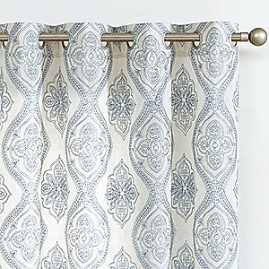 jinchan Linen Textured Curtains for Living Room Embroidered Design Window Curtains Light Filtering Flax Linen Look Window Treatment Set for Bedroom Grommet Top 2 Panels 96 Inch Length Blue