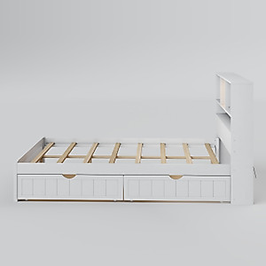 Twin Size Platform Bed with Bookcase Headboard, USB Charging Station and Downlight,Wood Twin Bed Frames with 2 Storage Drawers,Twin Storage Bed Frames for Kids Girls Boys,White