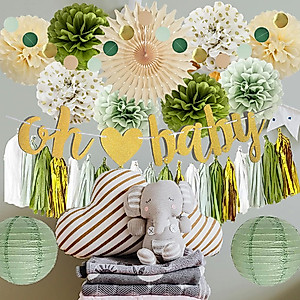 Sage Green Baby Shower Decorations Oh Baby Banner Sage Green Cream Gold Tissue Paper Pom Poms Paper Tassels Garland Circle Dots Garland for Baby Girls Boys Gender Neutral Baby Shower Party Decor