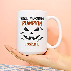 Good Morning Pumpkin Halloween Coffee Mug Cups 11oz 15oz, Personalized Scary Pumpkin Face Ceramic Mug Gifts For Halloween, Custom Pumpkin Ghost Coffee Cup With Name, Halloween Custom Mug
