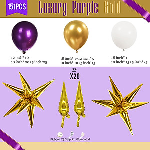 Royal Purple and Gold balloon Garland Arch Kit 140Pcs double stuffed chrome Royal Purple & Starburst balloons for Girl 15/16th Birthday decorations women retirement Graduation Prom supplies