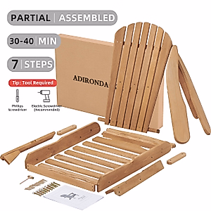 Mederra Wooden Folding Adirondack Chair, Half Pre-Assembled Outdoor Wood Patio Lounge Chair for Lawn Backyard Deck Pool Beach Firepit