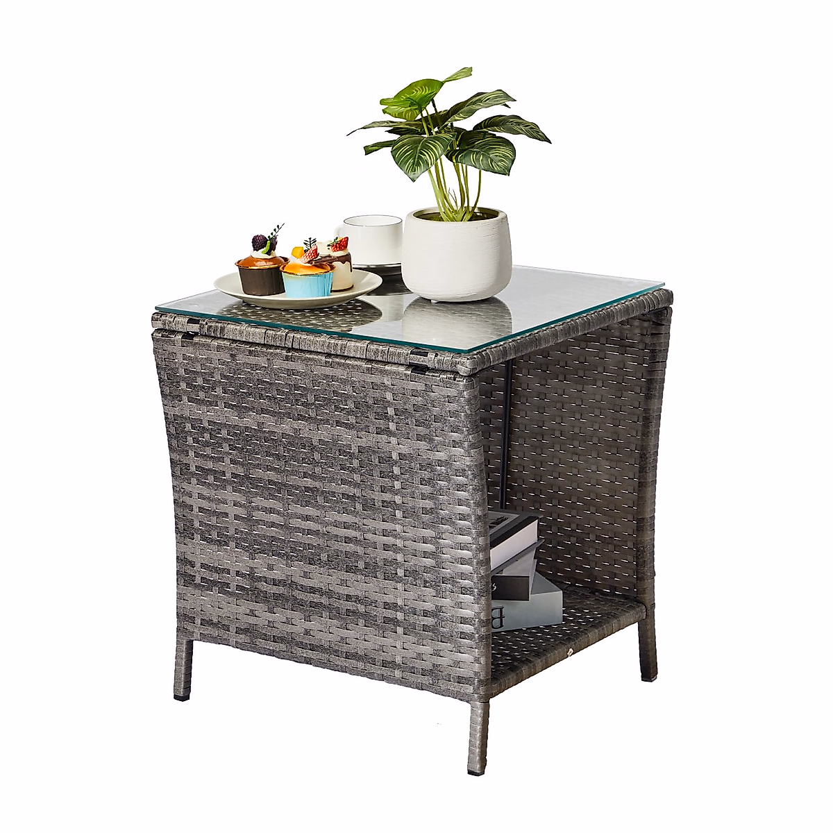 HEPMIMZHU Outdoor Patio Wicker Side Table, Square End Table Bistro Coffee Table with Glass Top Storage Shelf for Porch Garden Backyard Rattan End Table Furniture with Storage (Light Grey)