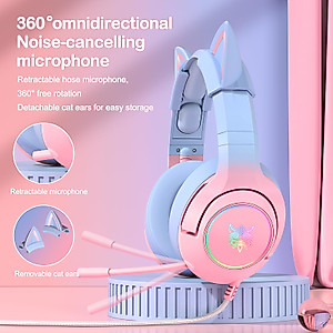 PHNIXGAM Gaming Headset for PS4, PS5, Xbox One(No Adapter), Cat Ear Headphones with Noise Cancelling Microphone, RGB Backlight, Surround Sound for PC, Mobile Phone, Gradient Pink Blue