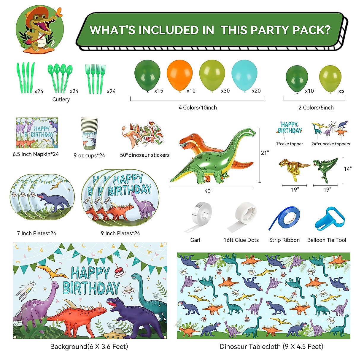 343PCS Dinosaur Party Decorations Set (24 Guest)- Complete Kids Dinosaur Birthday Party Supplies with Dinosaur Backdrop, Tablecloth, Plates, Cups, Cutlery, Balloon Arch, Decorations, and Stickers