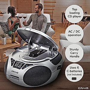 Craig CD6925 Portable Top-Loading Stereo CD Boombox with AM/FM Stereo Radio Bluetooth Wireless and AUX Port (Silver, Bluetooth)