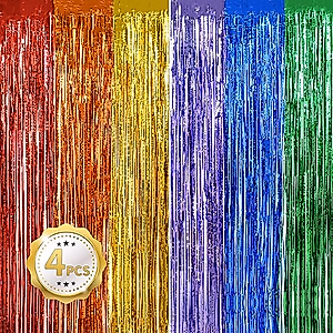 BEISHIDA 4 Pack Rainbow Streamers Fringe Foil Curtain Backdrop Curtain, Tinsel Curtain Wall Door Party Streamers for Birthday Party Decoration(3.28 ft x 6.56 ft)