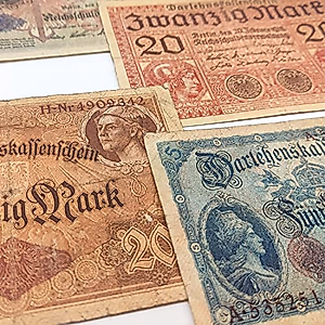 WWI German Empire Collection - 7 banknotes Issued from 1914 to 1918. Certificate of Authenticity Included
