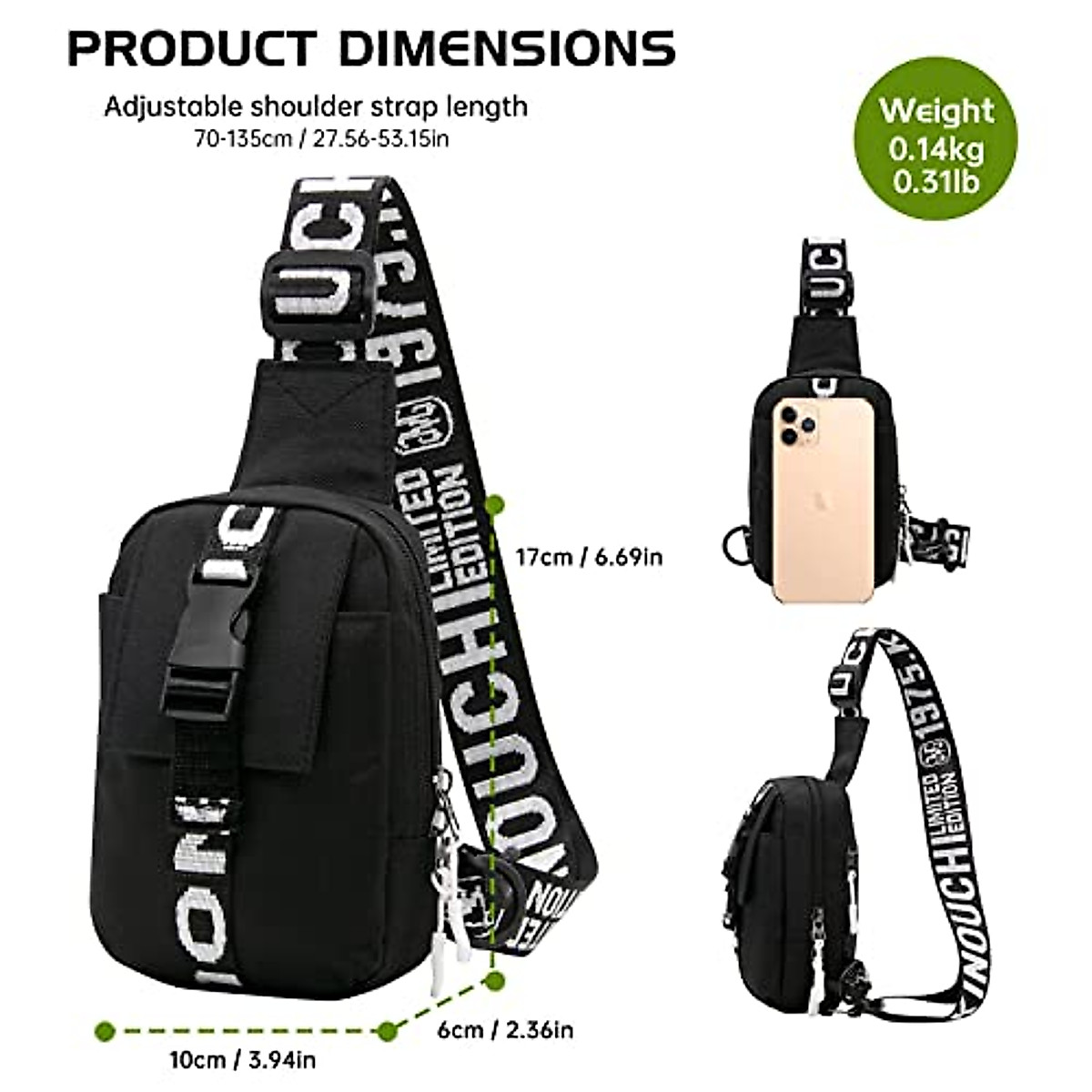 Long Keeper Small Sling Bag Crossbody Bag Men Lightweight Chest Backpack Shoulder Bags for Hiking Cycling Traveling Running (Black with White Letters Strap)