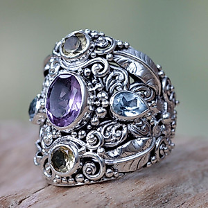 NOVICA Artisan Handmade Amethyst Blue Topaz Cocktail Ring Balinese Silver Sterling Citrine Multigem Multicolor Purple Yellow Stone Indonesia Animal Themed Birthstone Traditional Butterfly [band Width]