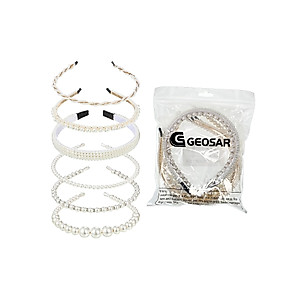 Geosar 6 Pieces Pearl Headband Girls White Bling Faux Pearl Rhinestones Hairband Bridal Headband Wedding Hair Accessories for Women Girls Bridal Bridesmaid