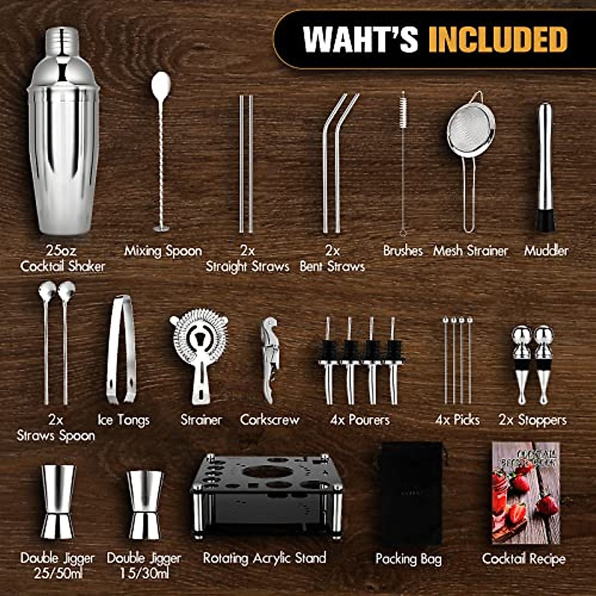 KINGROW Mixology Cocktail Shaker Set - Complete 29-Piece Bartender Kit and Bar Tools with Acrylic Rotating Stand, Professional Bar Set for Drink Mixing, Home, Bar, Party (Sliver)