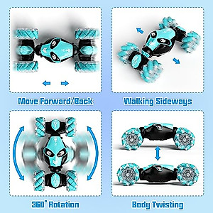 Remote Control Car, Gesture Sensor RC Stunt Cars Toys for Boys Age 6 7 8 9 10 11 12+ Years Old, 2.4GHz 4WD RC Double Sided 360° Flips Off Road Vehicle Toy with Lights/Music, Gifts for Kids Girls Blue