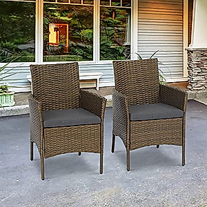 Kinsunny 2 PCS Outdoor Wicker Rattan Chairs with Cushions, Patio Dining Chairs Set of 2, PE Rattan Patio Chair Set for Deck, Porch, Balcony, Brown