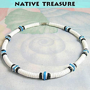Native Treasure 15 inch Little Kid's White Clam Heishe Puka Shell Necklace Blue Chip 2 Black Coco Surfer Beach Necklace - 8mm (5/16")
