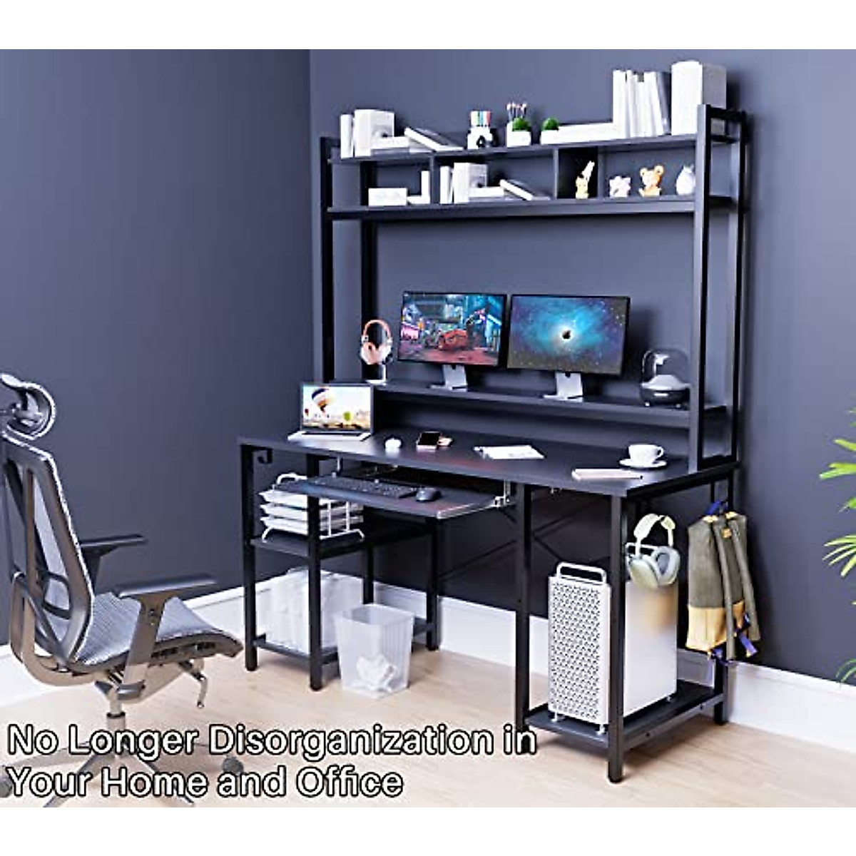 Computer Desk with Hutch Bookshelves, Storage Shelves, Keyboard Tray, Home Office Study Work Desk 53 inch Width, 70 inch High