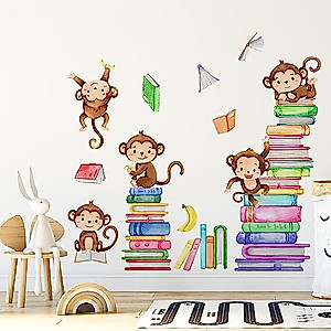Monkey Wall Decals Animals Monkey Reading Books Wall Stickers for Baby Nursery Kids Bedroom Classroom Wall Decor